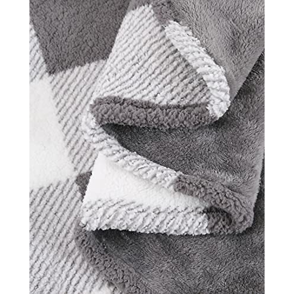 Panku Plaid Sherpa Throw Blanket with Solid Plush Reverse, Reversible Soft Fleece Checkered Blanket for Couch and Bed, Cozy and Warm Fuzzy Blanket, Grey Plaid, 50x60 Inches