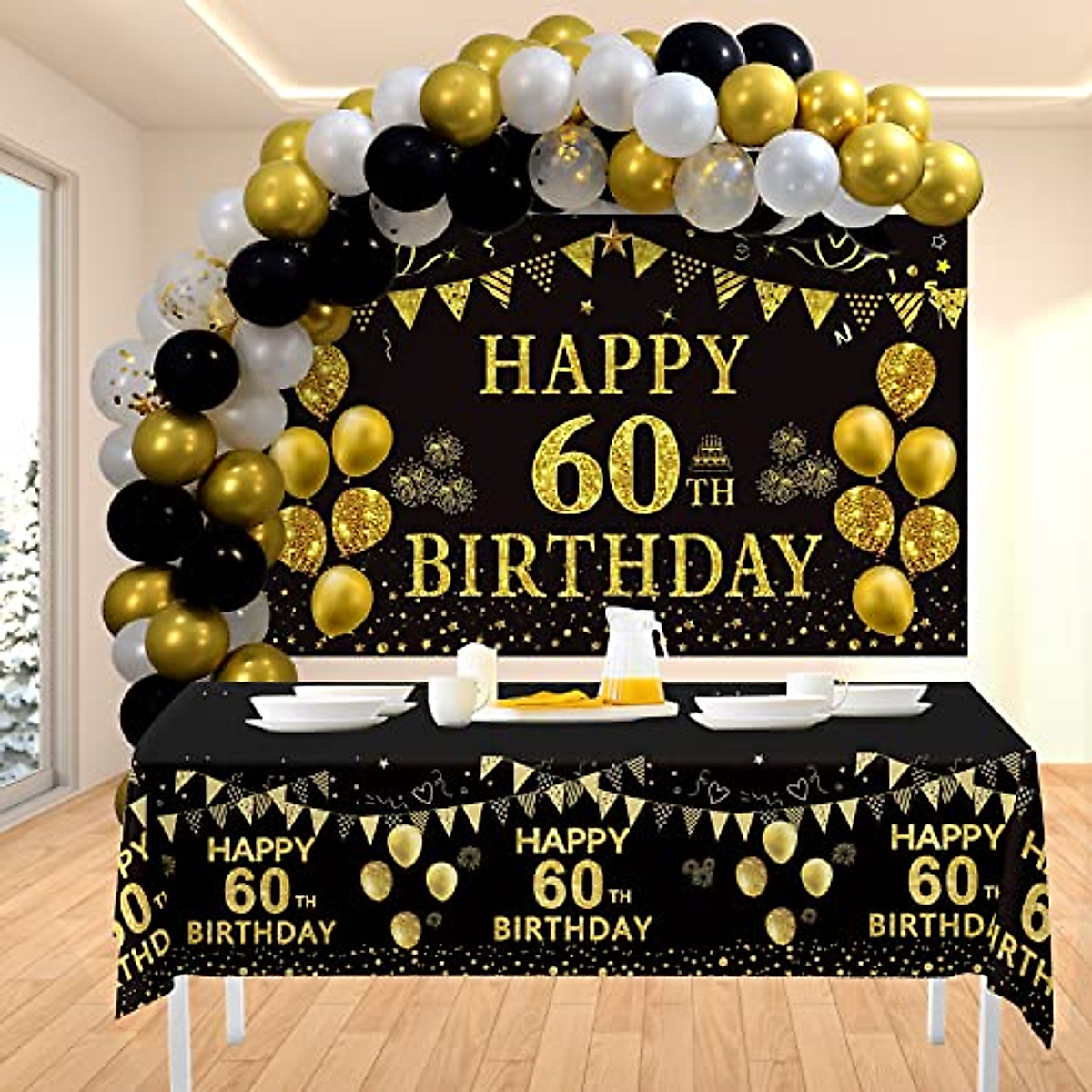 Trgowaul 60th Birthday Decorations Men Women - Black Gold Happy 60 Birthday Backdrop Banner, 2 Pcs Happy Birthday Tablecloth, 60 Pcs Latex Confetti Balloons, 60 Years Old Birthday Party Supplies Gifts