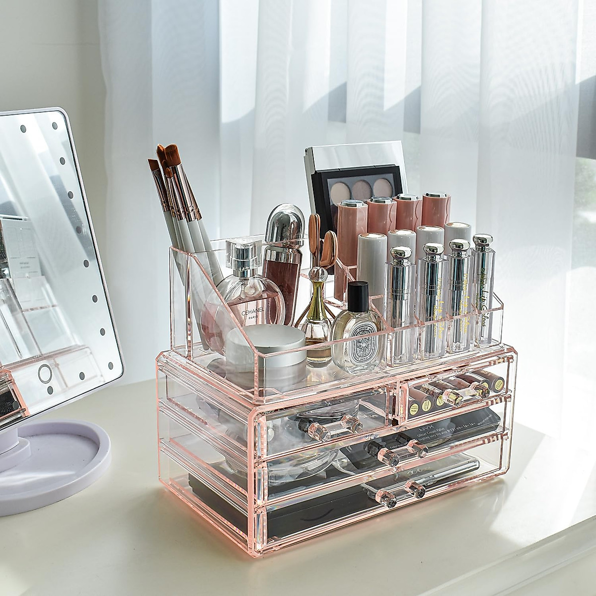 Ikee Design Pink Jewelry & Cosmetic Storage Display Boxes Two Pieces Set, Organizer Makeup Holder, for Vanity