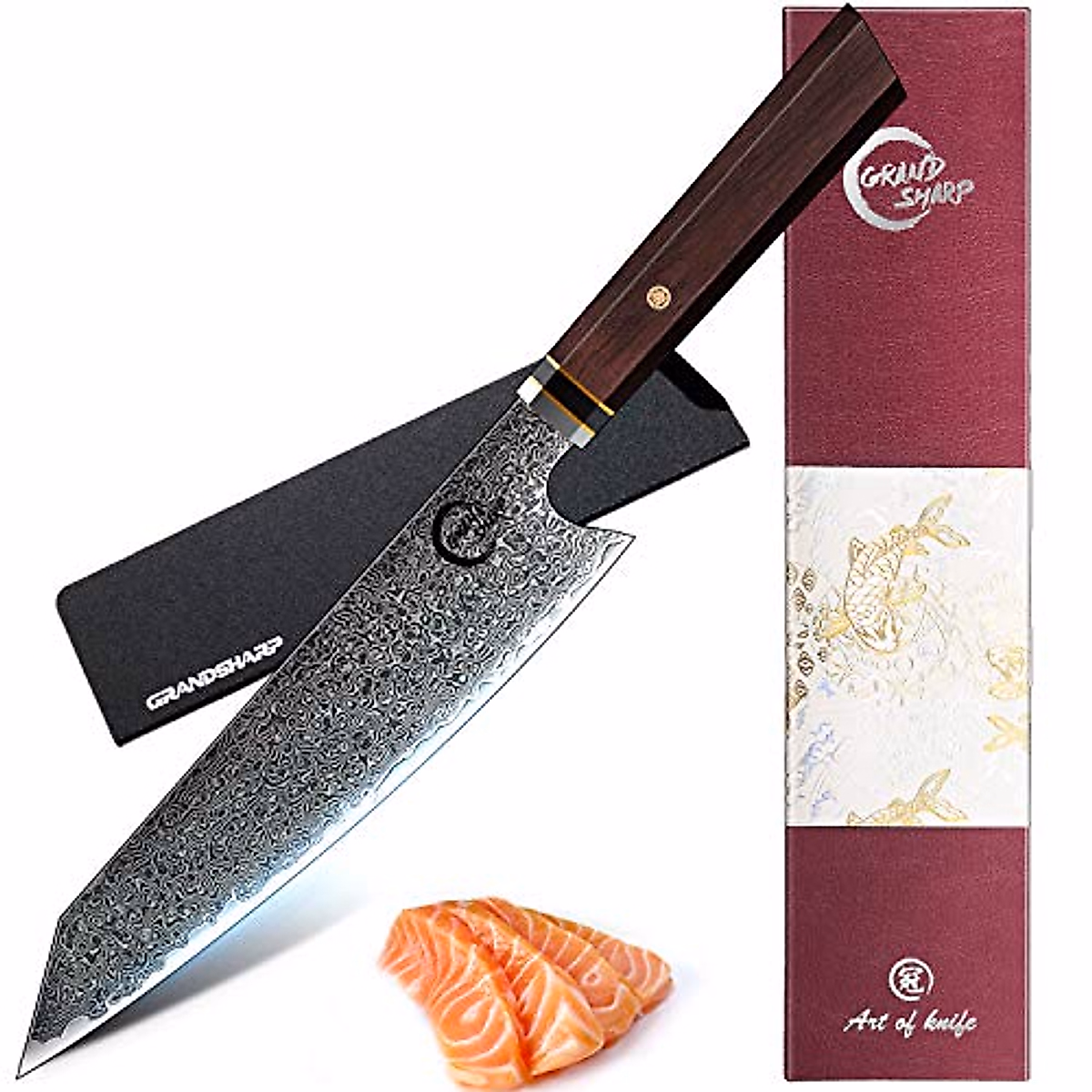 Kiritsuke Chef Knife,GRANDSHARP Kitchen Knife Damascus Pro Sharp VG10 High Carbon Stainless Steel 67-Layer Meat Sushi Fruit Cutting Cleaver Chef Knife[Gift Box]Ergonomic Wooden Handle-8 Inch
