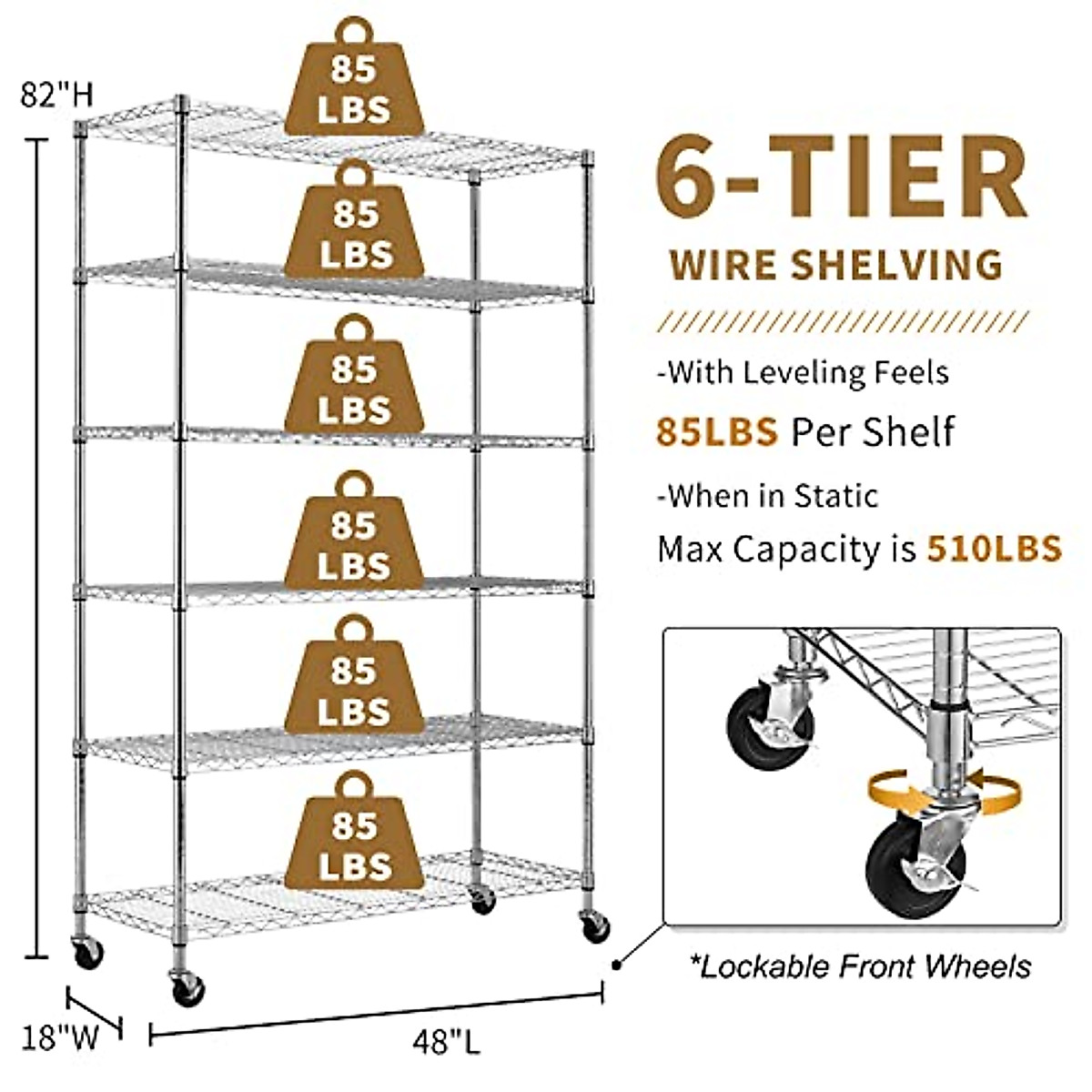 YYkokocat Wire Shelving Unit 2100LB Capacity Metal Shelves 82" H× 48L×18W 6 Tier Adjustable Storage Shelf w/Wheels Heavy Duty Shelves NSF Wire Rack Shelving for Kitchen Office Garage, Chrome…