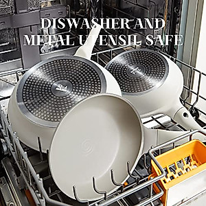 ROCKURWOK Ceramic Nonstick Frying Pan Set, 3 Pcs Cookware for Omelet, Skillet & Sauté, Induction, Oven & Dishwasher Safe, PFAS & PTFE Free, Durable & Easy to Clean, White