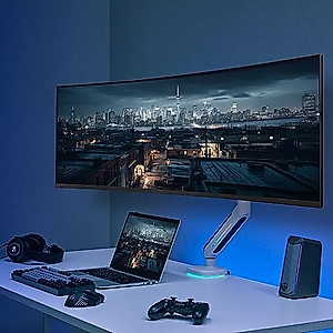 AVLT Single 27”-45” RGB Gaming Monitor Arm Desk Mount Built-in 20 Lighting Modes Touch Button Control Fits Flat/Curved/Ultrawide Monitor Height Swivel Tilt Rotation Adjustable Monitor Stand -White