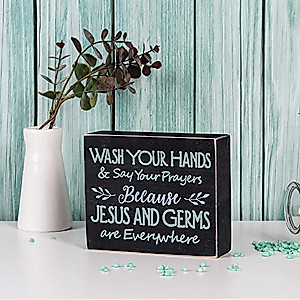 J JACKCUBE DESIGN Farmhouse Vintage Decorative Wood Bathroom Signs Decor, Classic Rustic Wooden Box Stand Up Wall Home Decor, Your Prayers and Wash Your Hands, Blue, White Letters- MK684A