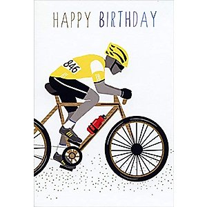 Pictura Yellow Competitive Bicycler Sara Miller Birthday Card for Him/Man