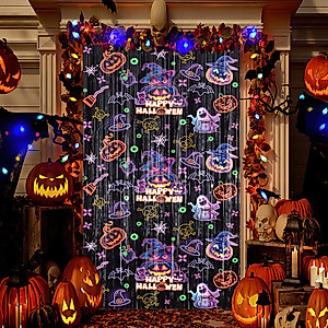 HOWAF 2 Packs Neon Halloween Ghost Fluorescence Foil Fringe Curtains Decoration 3.2 * 6.5ft Halloween Horror Night Glow UV Neon Pumpkin Bats Foil Fringe Photo Booth Backdrop Streamer Tinsel Curtains