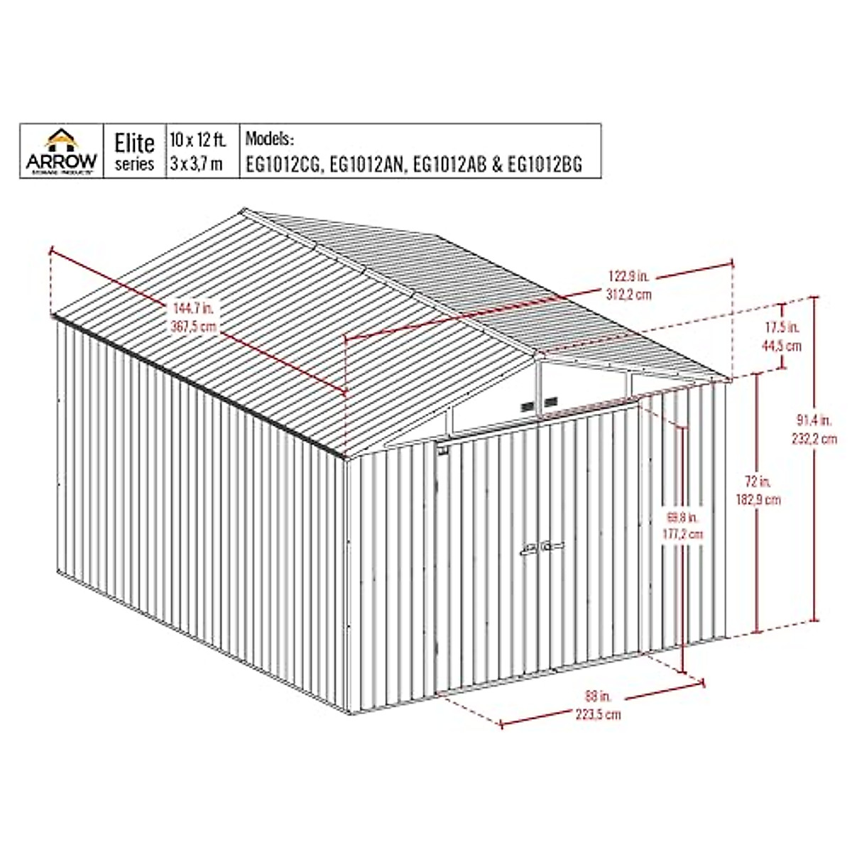 Arrow Shed Elite 10' x 12' Outdoor Lockable Gable Roof Steel Storage Shed Building, Cool Grey
