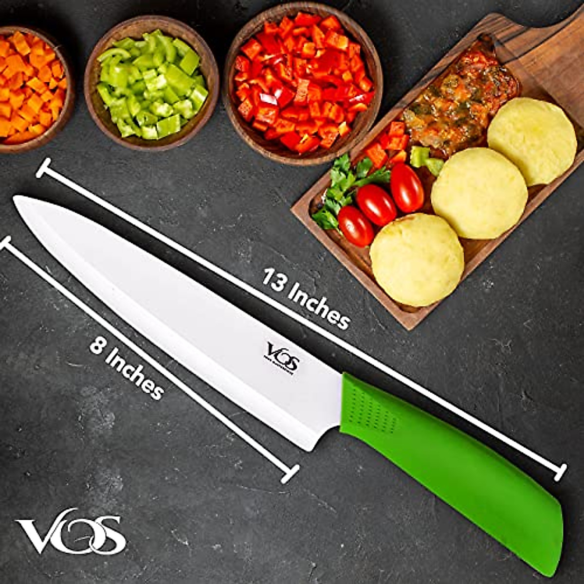 Vos Ceramic Chef Knife 8 Inch with Cover and a Gift Box - Sharp Zirconia Blade Edge for Cutting, Paring, Slicing, Dicing, Chopping - Ideal for Vegetable and Fruit (Green)
