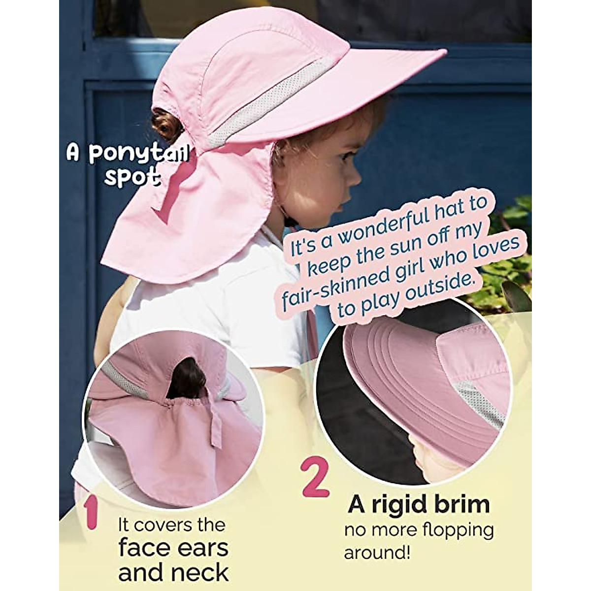 Camptrace Toddler Kids Sun Hats with Neck Flap UPF 50+ UV Protection Wide Rigid Brim Boys Girls Beach Swim Sunhat