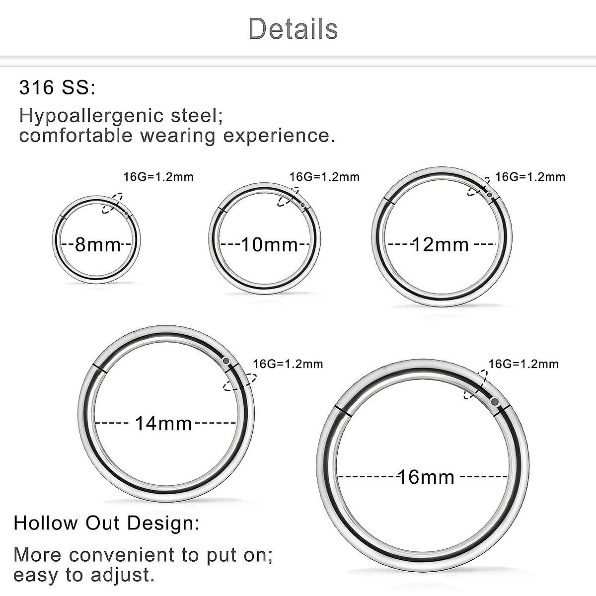 Dyknasz 10PCS 16G Surgical Steel Hinged Clicker Segment Septum Lip Nipple Ring Hoop Cartilage Tragus Helix Sleeper Earrings Piercing Jewelry for Women Men 8mm 10mm 12mm 14mm 16mm Silver