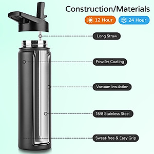 DOMICARE Insulated Water Bottle, 22 oz Vacuum Insulated Stainless Steel Reusable Sports Bottle with Straw Lid & Spout Lid for Travel, Camping, Bike, Leakproof, Black, 1 Pack