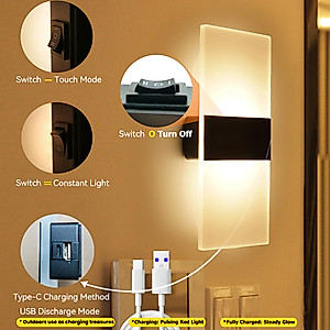FelRelWel Rechargeable Wall Sconces,2 PCS Modern Acrylic Bedside LED Wall Lamps for Living Room Bedroom Hallway,USB Rechargeable Battery Operated Cordless Night Light,Touch Control,Warm Light Dimmable
