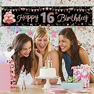 Happy 16th Birthday Banner Decorations for Girls, Rose Gold Sweet 16 Birthday Party Supplies, Funny Sixteen Birthday Yard Sign Decor for Outdoor