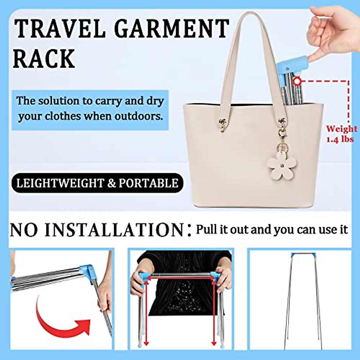 Portable Foldable Garment Rack, Adjustable Collapsible Travel Mini Clothes Rack with 6 Bags/3 Foldable Hangers/1 Storage Bag, Folding Drying Clothing Rack for Dance,Camping,Outdoor, Indoor