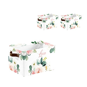 Pink Rose Flower Personalized Custom Name Storage Bins with Handles Shelves Closet Storage Box 2 Pack
