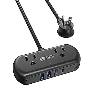 Power Strip with USB, SUPERDANNY Mini Surge Protector with 2 Wide-Spaced Outlets, 3 USB-A and 1 USB-C, 5 Ft Extension Cord, Flat Plug, Compact Size Desktop Charging Station Travel, Home, Office, Black