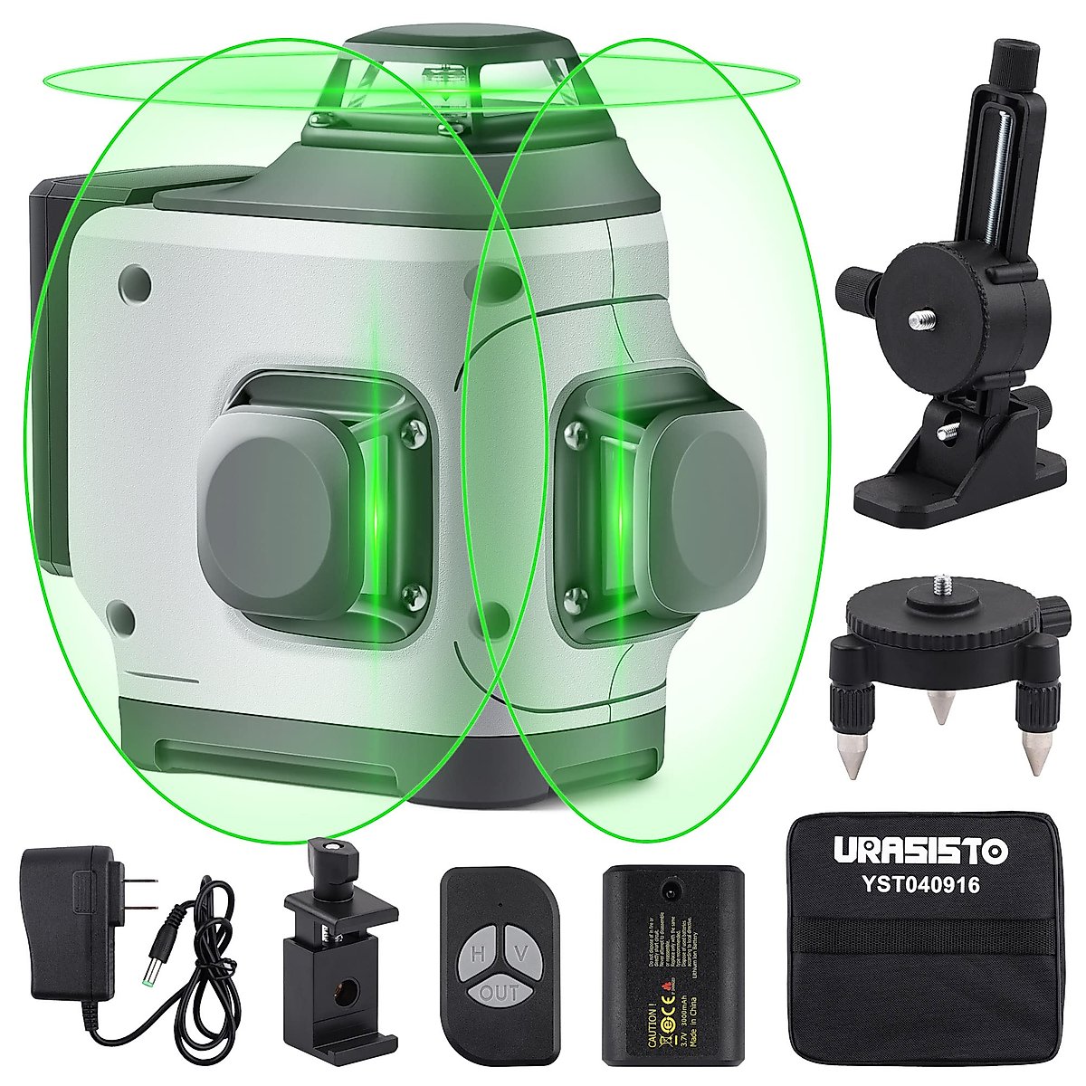 URASISTO 3D Cross Line Self-leveling Laser Level, 3 x 360 Horizontal/Vertical Green Beam Three-Plane Leveling and Alignment Laser Tool, Li-ion Rechargeable Battery, Remote Control&Portable Carry Bag