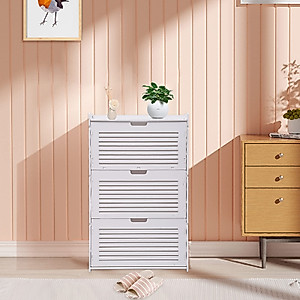 DreamRcoach 3-Layer Shoe Storage Cabinet, Tipping Shoe Cabinet, Freestanding Shoes Rack, Bamboo Shoes Shelf Rack for Hallway, Bedroom, Apartment, 19.29 x 6.69 x 42.91inch, White