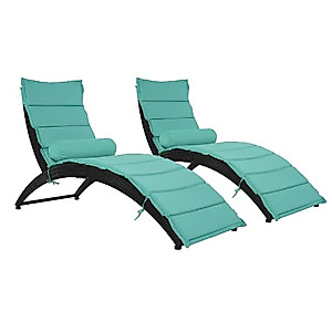 DHHU Foldable Chaise 2-Piece Sofa Set, Patio Wicker Sun Lounger with Removable Bolster Pillow, Green Cushion, Blue