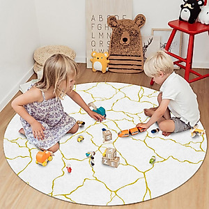 Contemporary Area Rug Carpet for Kids Teen Girls Boys Bedroom, Living Room, Washable Outdoor Indoor Accent Throw Runner Floor Mat Area+Rug Gold White Minimalist Geometric Line 3.3FT(Round)