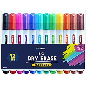 inamio Dry Erase Markers, Bullet Tip – Colored Whiteboard Markers for Fridge, School or Office - Low Odor, 12 Set Assorted Colors