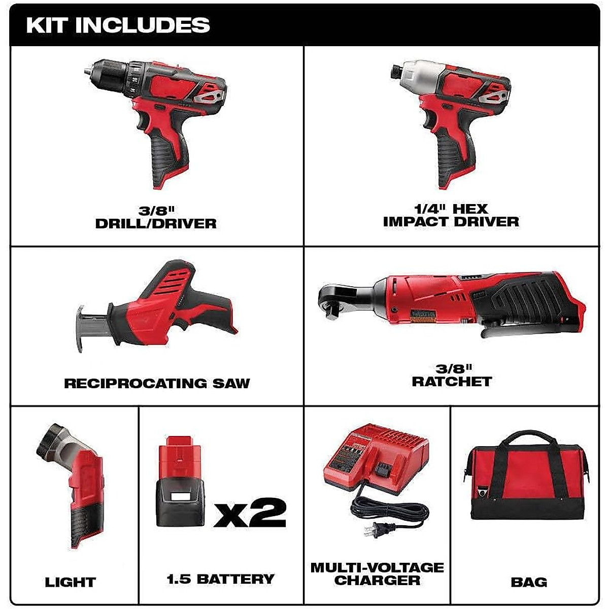 Power Tool Combo Kits,For Milwaukee Tools Combo Kit Milwaukee 2498-25 M12 12v Cordless Lithium-Ion Compact 5 Tool Combo Kit,Drill Driver,Impact Driver,Ratchet,Hackzall, Led Work Light