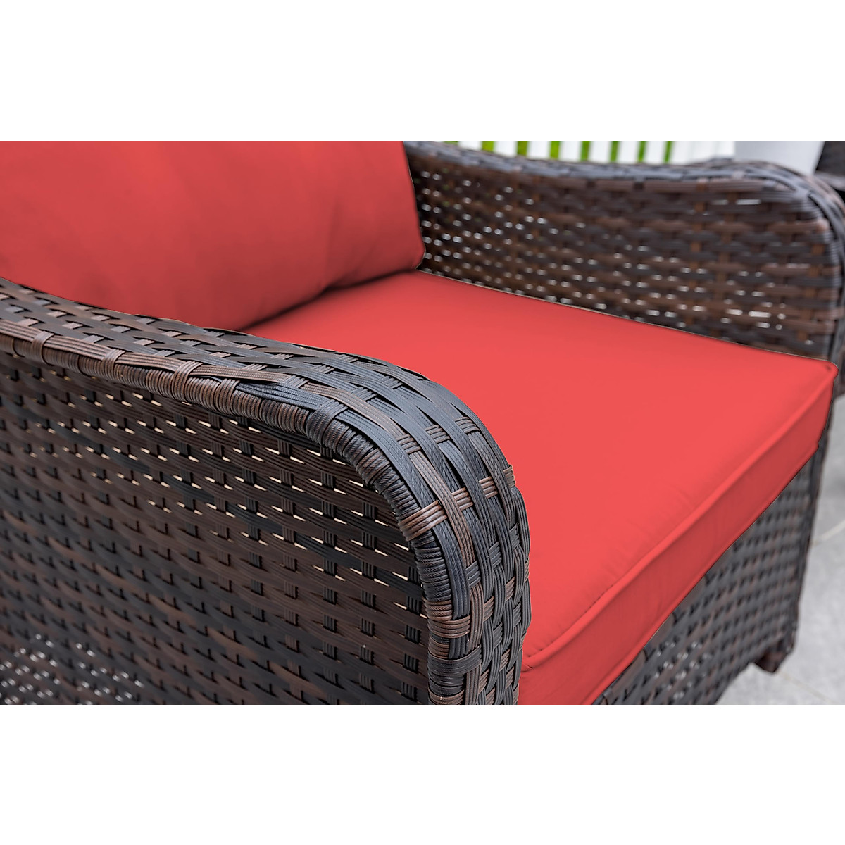 Gotland 3 Pieces Patio Swivel Rocker Wicker Chairs-Outdoor Swivel Rocking Chairs with 1 Rattan Coffee Table&2 Red Thickened Cushions Outdoor Furniture Conversation Sets for Patio Porch Garden