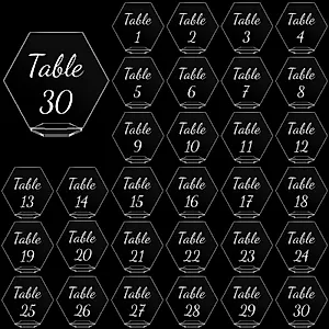 Zhanmai 30 Pcs Acrylic Table Numbers 1-30 for Wedding Table Numbers Hexagon Table Number Signs 5.5 x 5 Inch Clear Place Cards with Stand for Wedding Reception Events Party Restaurant (White Letter)