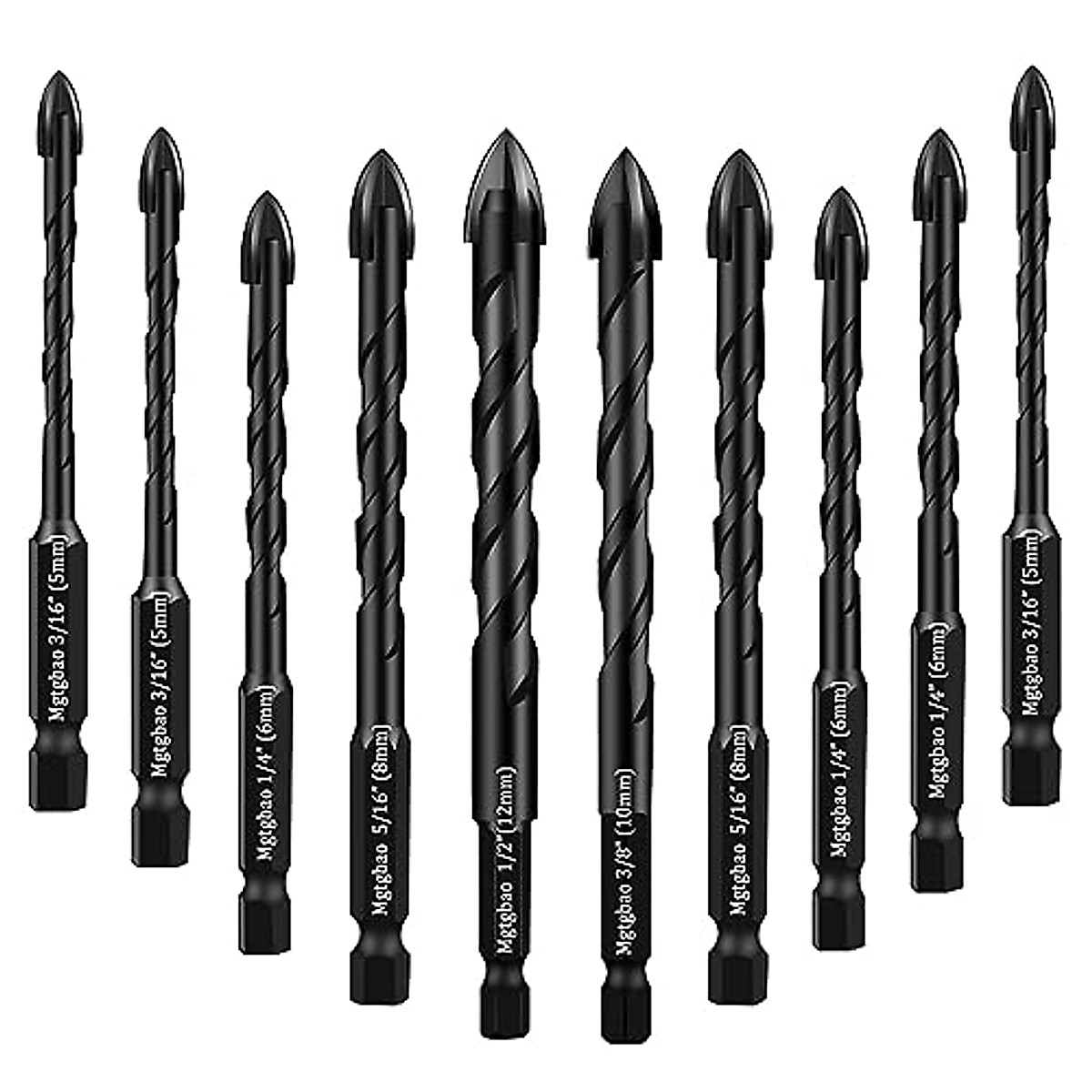 Mgtgbao Concrete Drill Bit Set, 10pcs Masonry Drill Bits Set Carbide Tip for Glass, Brick, Tile, Concrete, Plastic and Wood with Size 3/16” (5mm),1/4” (6mm), 5/16” (8mm),3/8” (10mm), 1/2” (12mm).