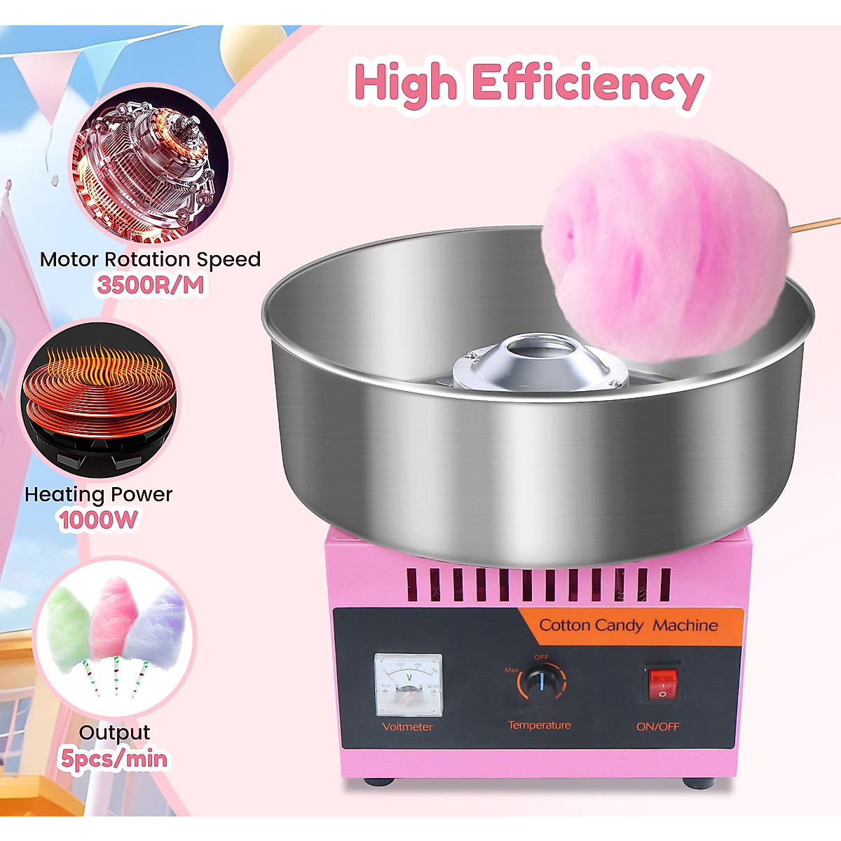 Cotton Candy Machine Commercial, 1000W Electric Cotton Candy Maker Machine, Candy Floss Machine with Stainless Steel Bowl and Sugar Scoop for Kids Birthday, Family Party Pink