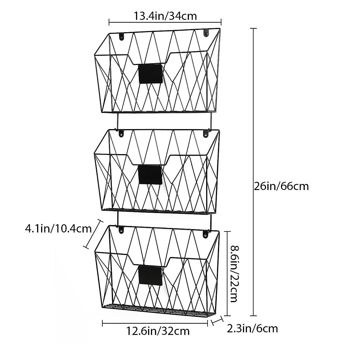 YBING Wall File Organizer for Office Hanging Wall File Holder and Basket Set of 3 Wall Mounted File Rack with Hooks Metal Wall Storage for Office Living Room Black