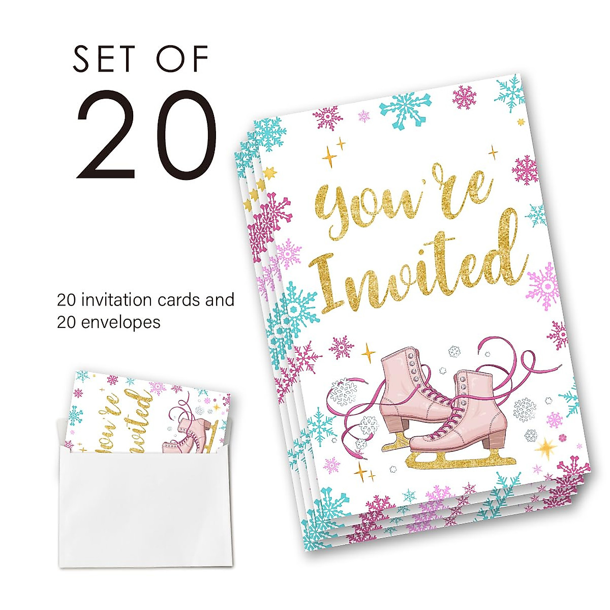 EUDOSI Ice Skating Birthday Party Invitations Supplies Fill-In Set of 20with Envelopes Skating Birthday Bash Invites Cards, Double Sided