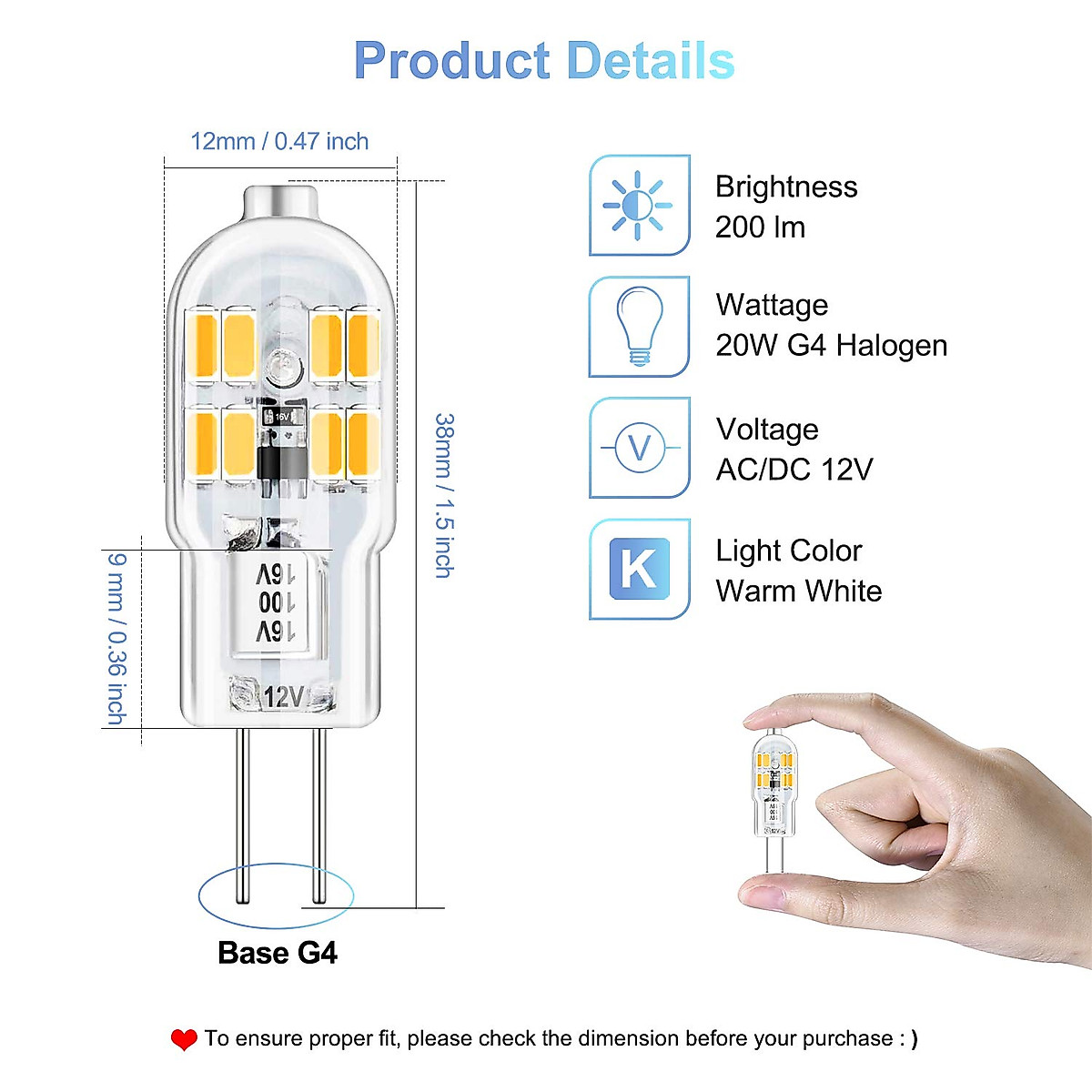 G4 LED Bulb 2W 12V, 20W Halogen JC Bulb Replacement, G4 Bi Pin Bulb, Warm White 3000K 200lm, No Flickering, 10-Pack