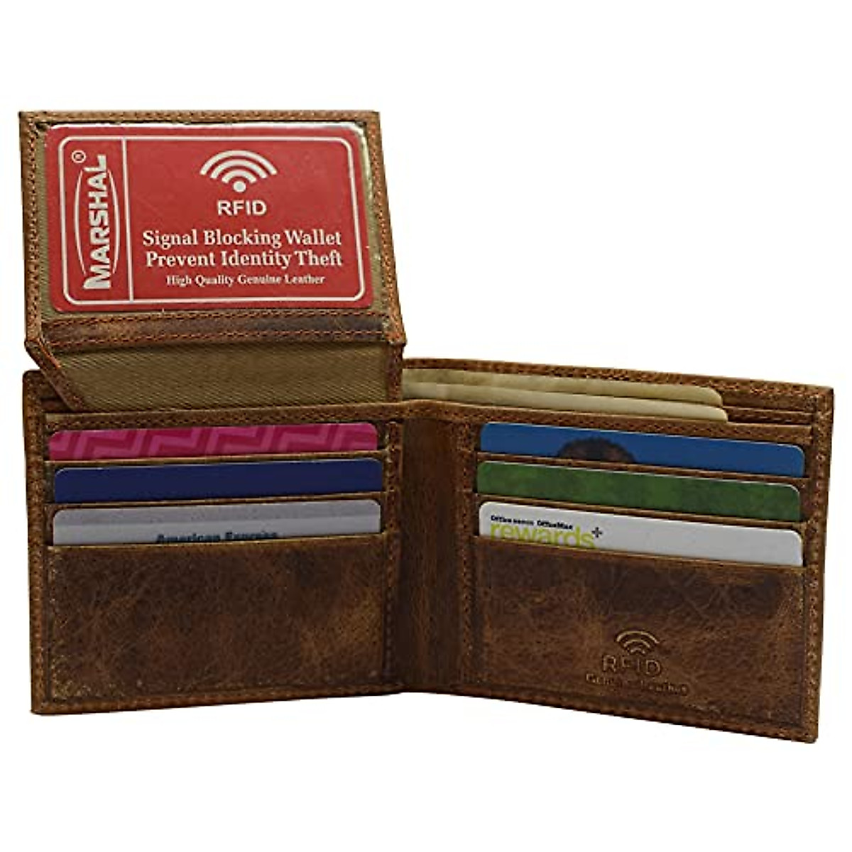 MARSHAL RFID Blocking Genuine Leather Men's Bifold Eagle USA Flag Wallet Gift (Brown)