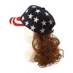 HandinHandCreations USA Stars and Stripes Brown King Mullet Hat Wig Merica 4th of July Hillbilly American Costume