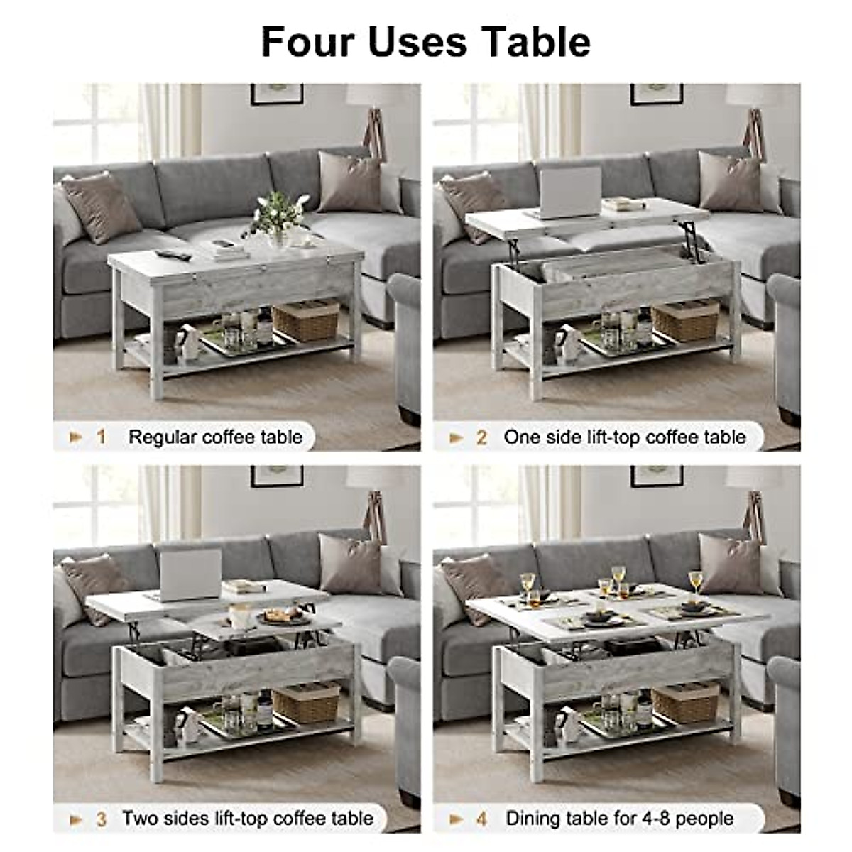 FABATO Lift Top Coffee Table, 4-in-1 Multi-Function Convertible Coffee Table with Storage, Coffee Table Converts to Dining Table for Living Room Reception Room Office, Gray