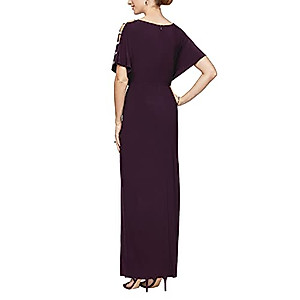 Alex Evenings Women's Long Knot Front Dress with Embellished Short Sleeve, Eggplant, 12