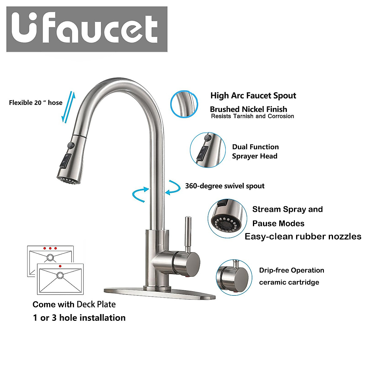 Ufaucet Brushed Nickel Kitchen Faucet with Pull Down Sprayer, High Arc Single Hole Kitchen Sink Faucet with Sprayer, Pull Out Commercial Modern Stainless Steel Kitchen Faucets