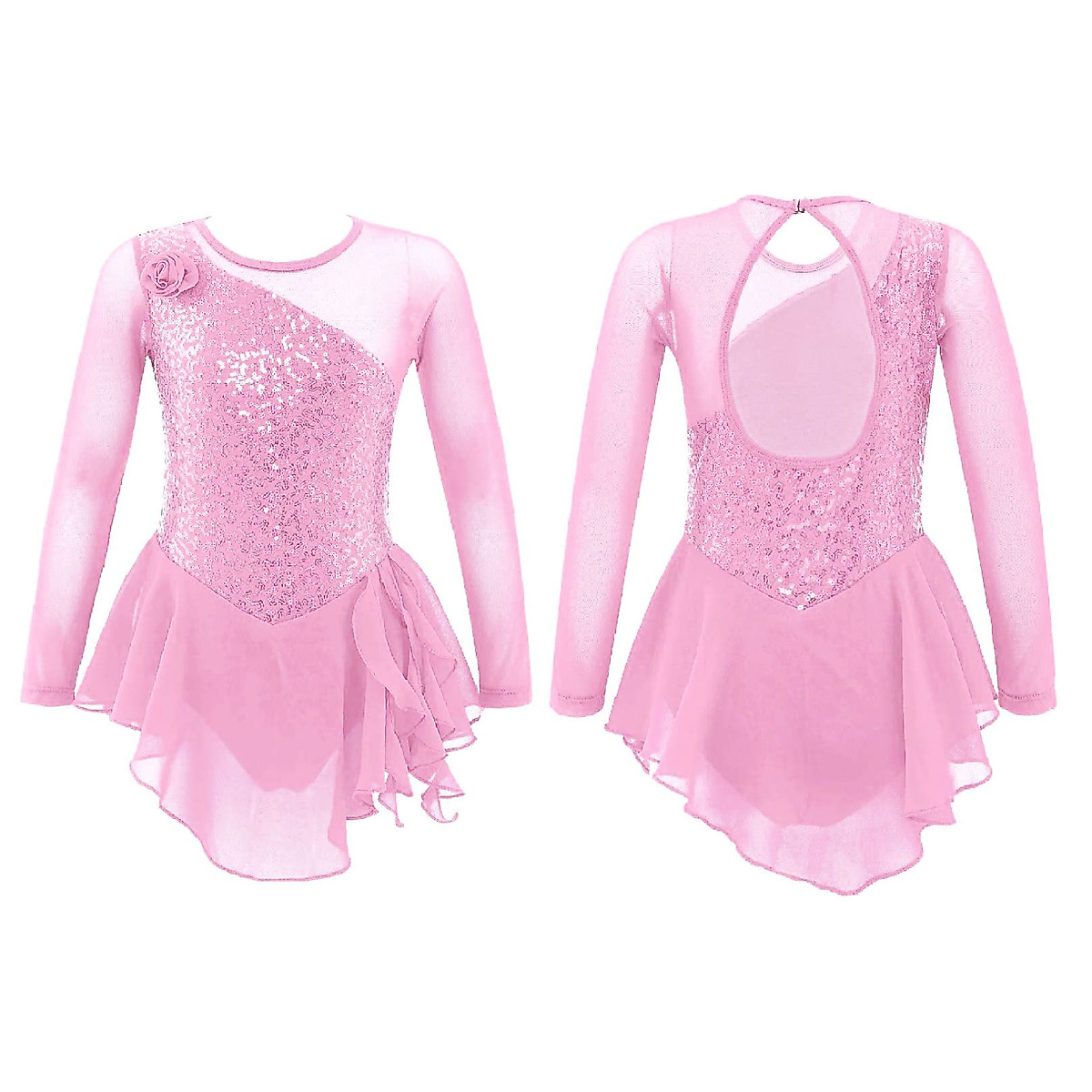 easyforever Kids Girls Metallic Snowflake Ice Figure Skating Tutu Dress Long Sleeve Gymnastic Leotard Performing Costume Pink 4 6 Years