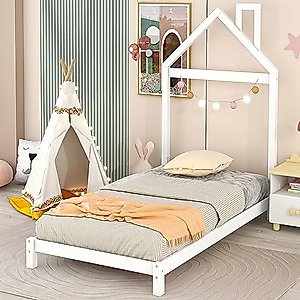Twin Bed Frame/Kids Bed Frames with Headboard and Slats, Wood Platform Bed with House Shaped Headboard, Twin Size Bed for Kids, Boys, Girls, No Box Spring Needed(White)