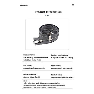 1PCS #8 30inch Two Way Separating Zippers(Open-end Zipper) for Jackets Sewing Coats Crafts,Silver Metal Teeth（Grey Belt-30in 1PCS）