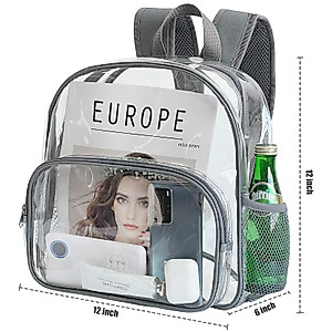 Clear Backpack Stadium Approved 12x12x6 Heavy Duty PVC Plastic Transparent Backpack Small See Through Mini Clear Backpacks for Festival Venues Games Sport Event Concert School Security Travel,Gray