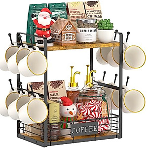 EsLuker.ly 2 Tier Coffee Bar Organizer Countertop Station Shelf for Home Office, Multi-functional Coffee Mug Cup Holder Stand, Accessory Storage Rack with 12 Hooks, Space-Saving Coffee Nook Enhancer