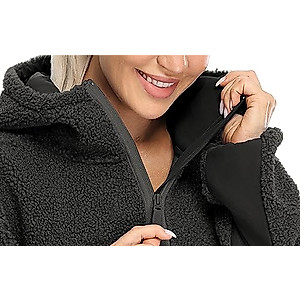 icyzone Women's Half Zip Hooded Sherpa Fleece Pullover Jacket, Oversized Warm Fuzzy Sweatshirt with Pockets (Black, L)