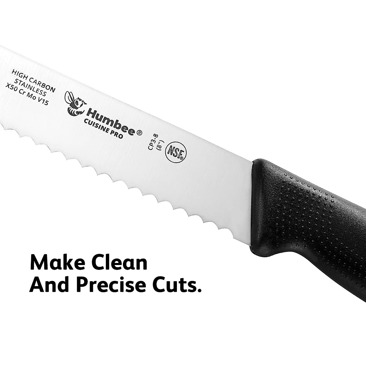 Humbee Cusine Pro, 8 inch Bread Knife, Serrated Knife Wave Razor-Sharp Blade Comfortable Grip Dishwasher Safe, NSF Certified, Black