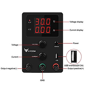 Flycow DC Power Supply Variable, Adjustable 30V 10A Switching DC Regulated Power Supply with 3 Digit LED Display Reverse Polarity/High Temperature Protection 110V/100CM Alligator Leads Included