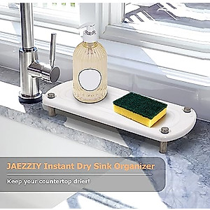 JAEZZIY Sink Caddy Instant Dry Bathroom Kitchen Sink Organizer, Sponge Holder for Kitchen Sink Diatomaceous Earth Water Absorbing Stone Sink Tray for Sponge, Soap Bottles, Toothbrush Cup, (White)