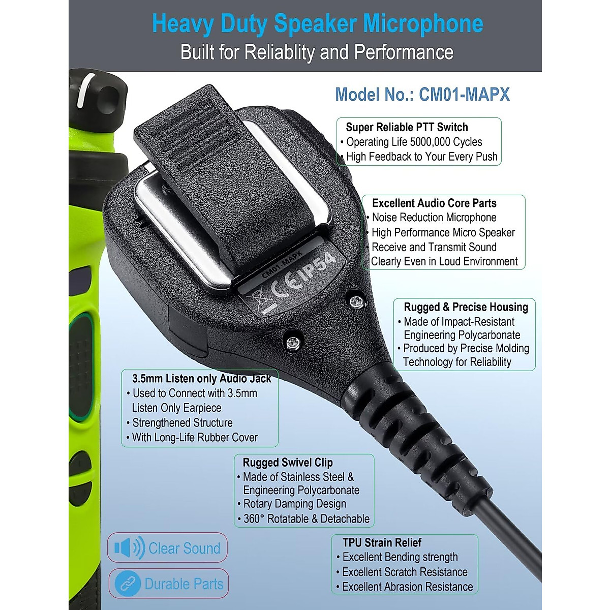 commountain Speaker Mic Compatible with Motorola Radios APX 6000, APX 7000, APX 8000, APX 4000, XPR 7350e, XPR 7550, XPR 7550e, XPR 7580e, APX6000, XPR7550e, APX XPR Shoulder Microphone-5 Pack