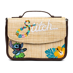 Disney Bag, Fold Over Crossbody, Lilo and Stitch Embroidered Stitch Poses, Raffia Straw