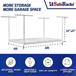 SafeRacks Overhead Garage Storage Rack, Heavy Duty Steel Ceiling Mount Storage Shelves with 500 lb Capacity, Adjustable, Garage Overhead Storage, Shelving, Ceiling Racks 4x6 White (24"-45")